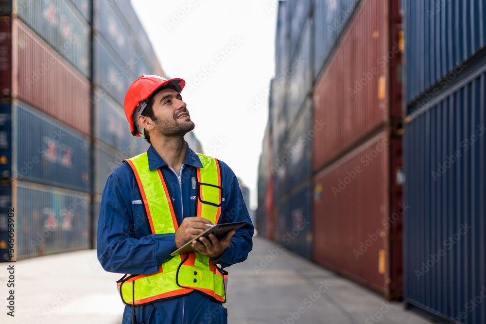 Foreman man working checking at Container cargo harbor to loading ...