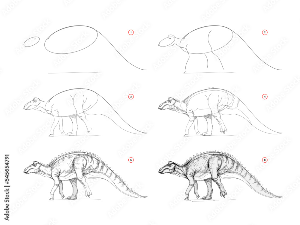 Page shows how to learn to draw sketch of edmontosaurus. Creation step ...