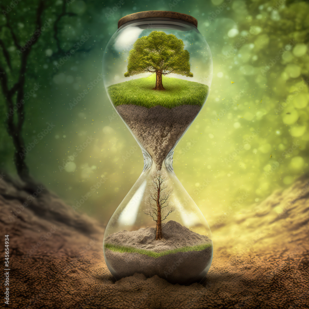 hourglass with tree in top part and sand on the bottom - depicting ...