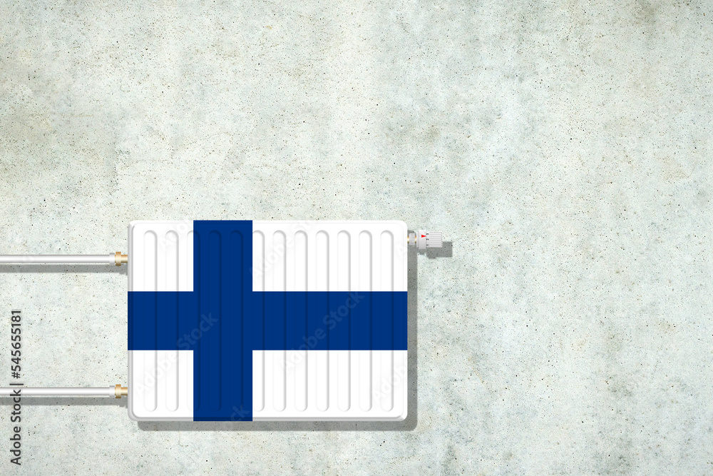 Heating battery, in the colors of the Finland flag on a concrete wall ...