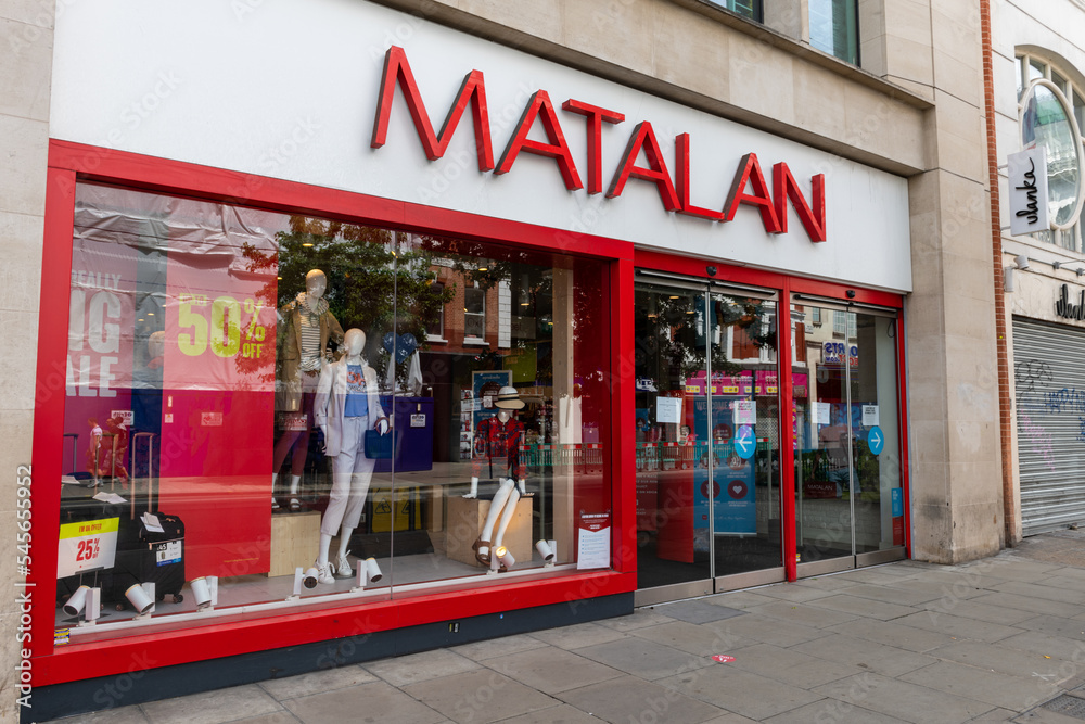 London. UK. The facade and name sign of the branch of Matalan store in ...
