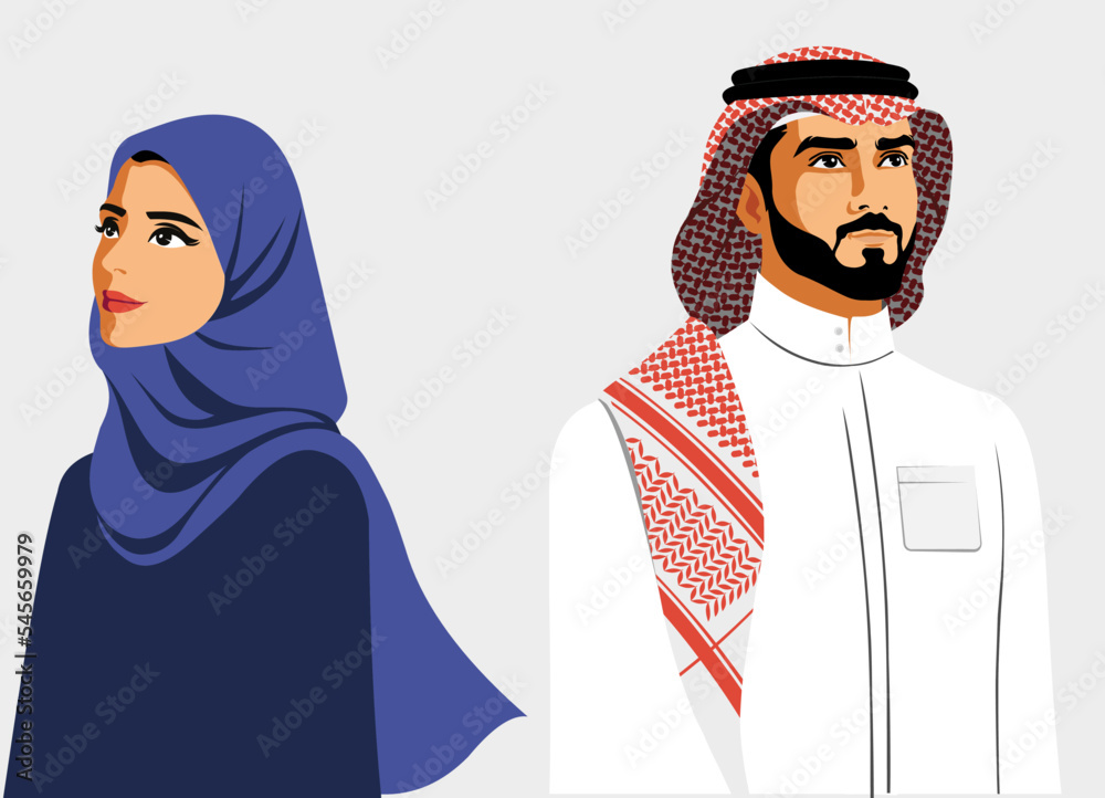 A drawing of a veiled girl and a Saudi young man wearing the Saudi ...
