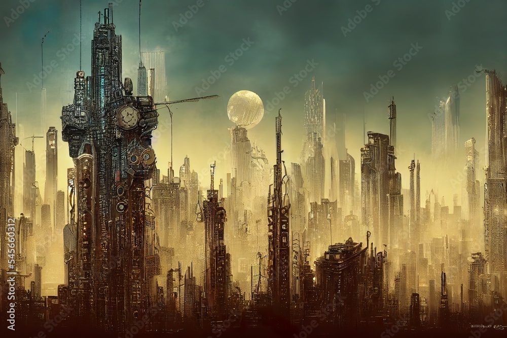 Poster postapocalyptic steampunk metropolis with skyscrapers ...