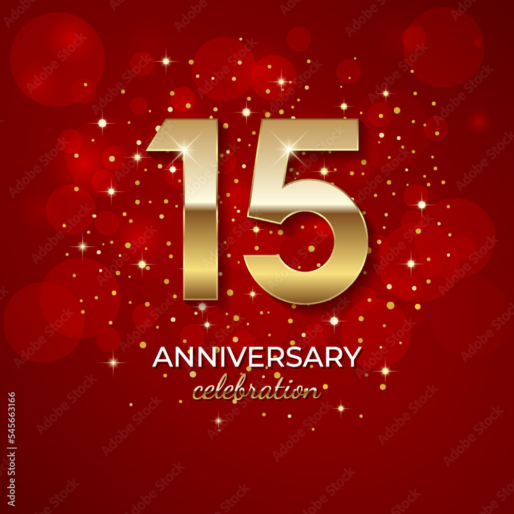15th Anniversary. Golden number 15 with sparkling confetti and glitter ...
