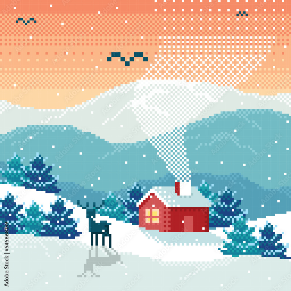 Winter landscape sunset mountain pixel art Stock Vector | Adobe Stock
