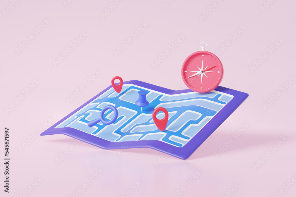 3D icon Map location Compass Pin pointer mark, travel navigation ...