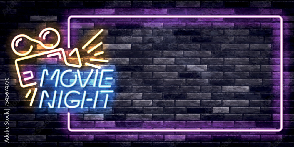 Vector realistic isolated neon sign of Movie Night frame on the wall ...