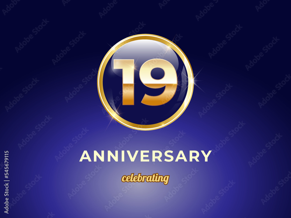 Vector graphic of 19 years golden anniversary logo with round blue ...