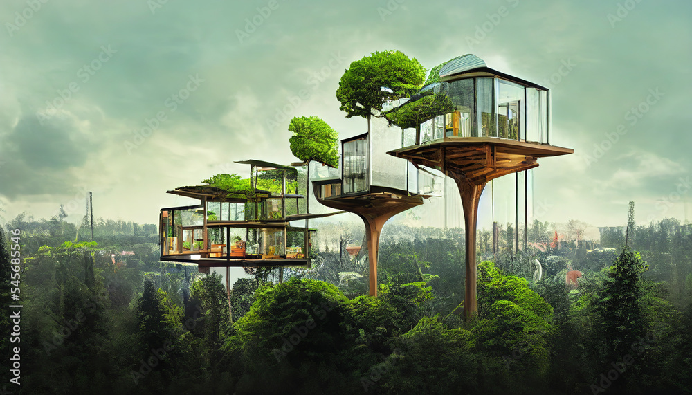 Spectacular concept art of environmental friendly modern treehouse with ...