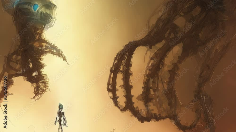 Animation of digital painting of futuristic skeleton structure robot ...