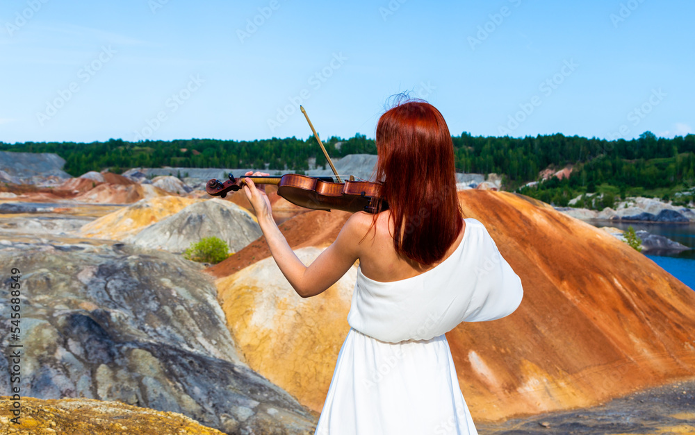 portrait of a red-haired violinist waist-high back view with elegant ...