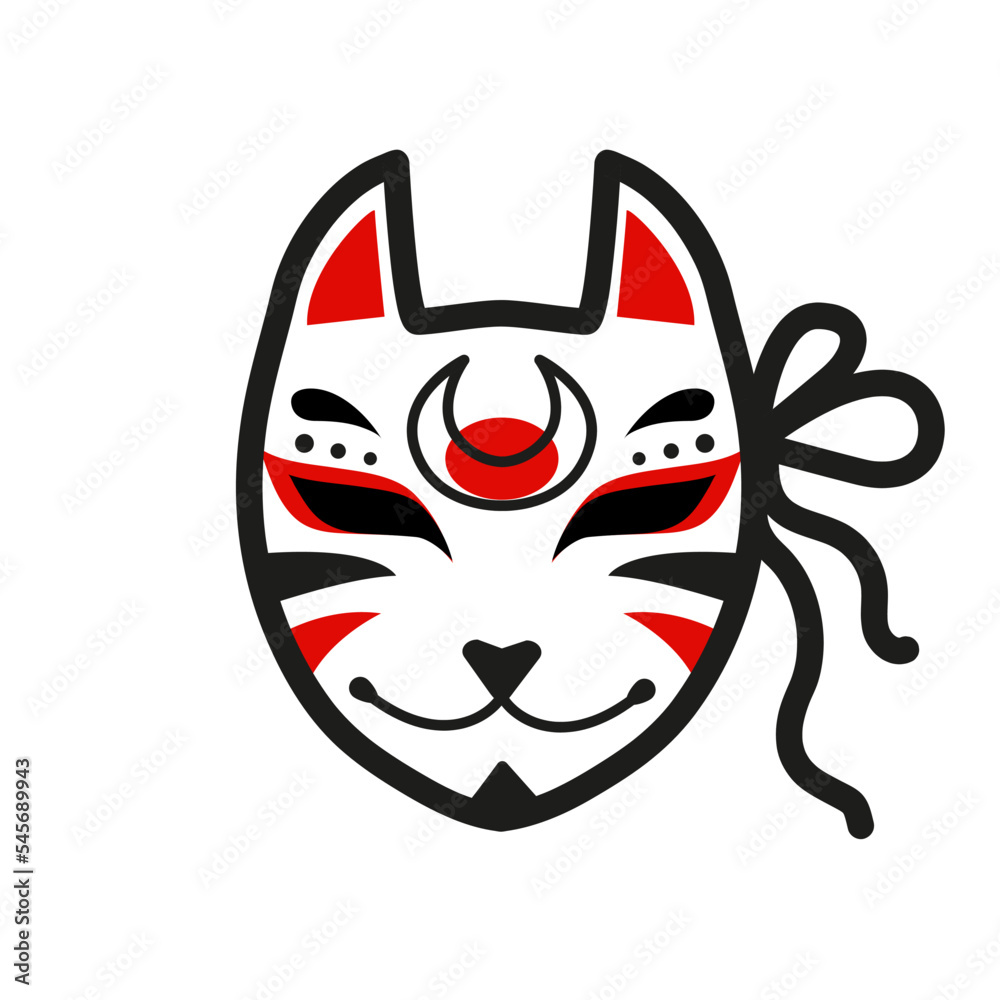 Red black traditional japanese kitsune mask with ribbon vector icon ...