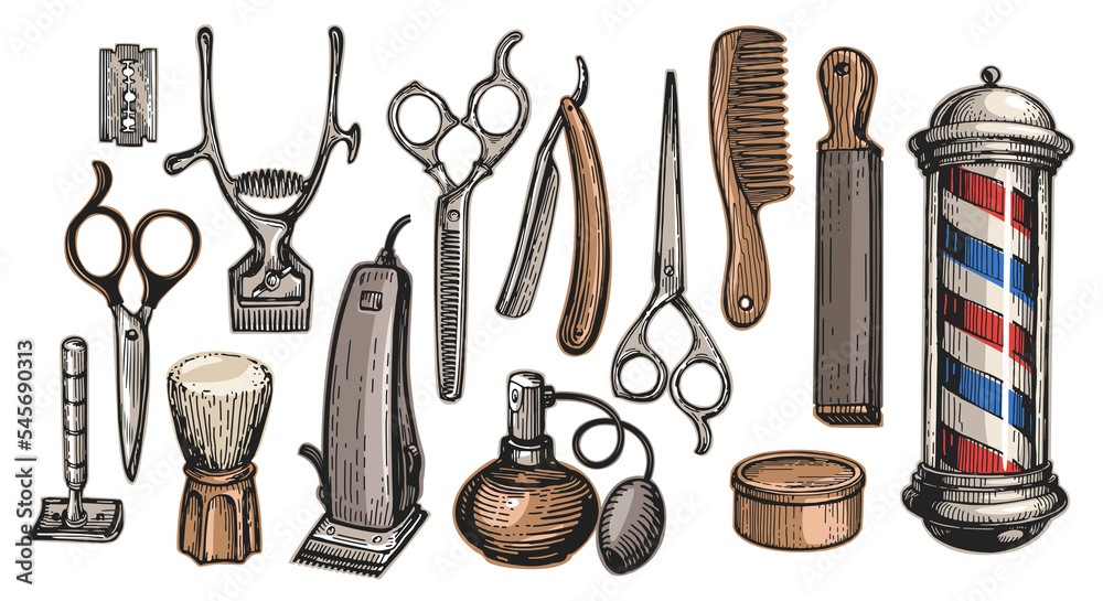 Vintage barbershop items illustration. Barber retro tools for cutting ...