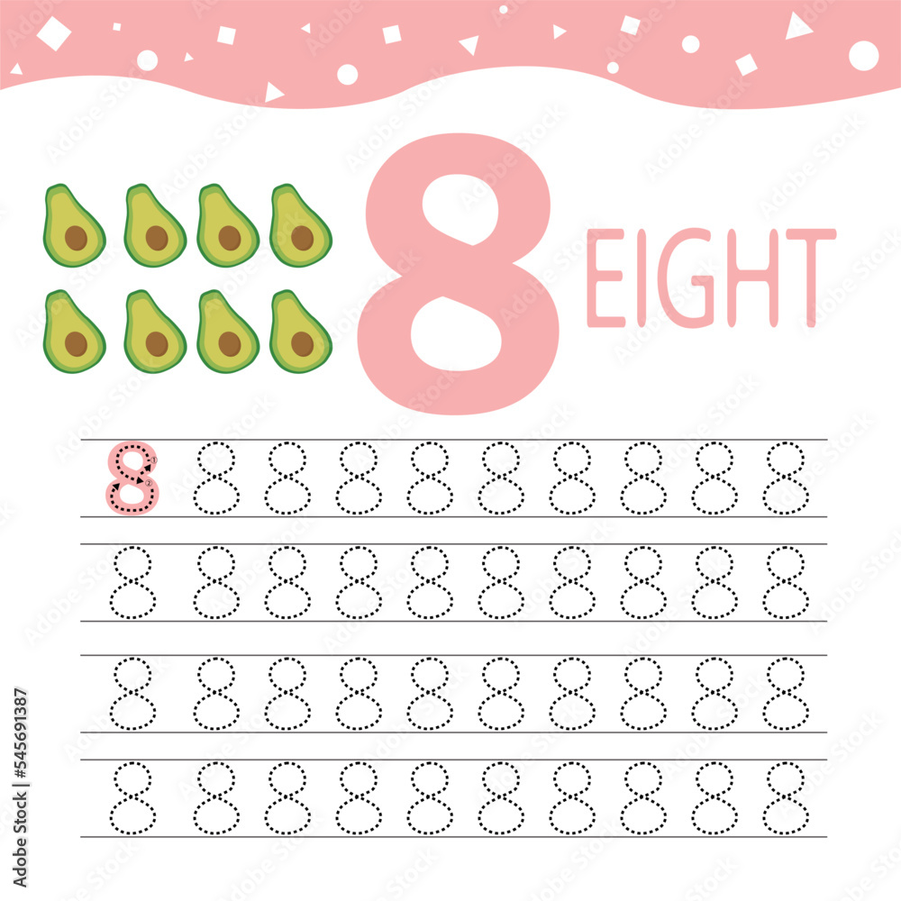 Kids learning material. Card for learning numbers. Number 8 and avocado ...
