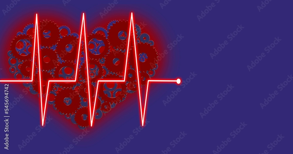 On a purple background, a red heart, consisting of red and blue gears ...