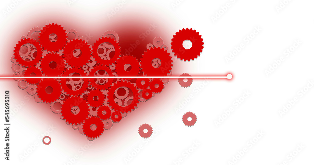 A heart consisting of red and pink gears flying in different directions ...