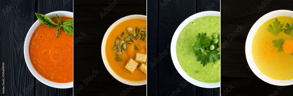 Food collage of various types of soup on the black background. Top view ...