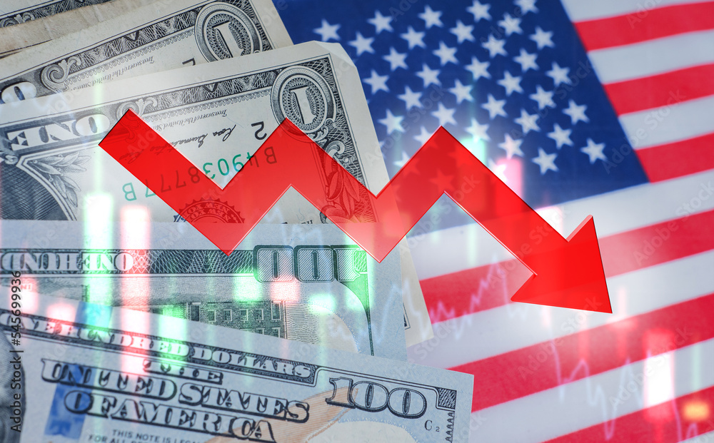 Fotka „Area inflation USD. Down arrow in front of USA dollars. Dollar ...