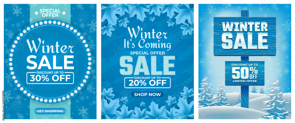 Winter sale promotion backgrounds with white snowflakes for ads banner ...