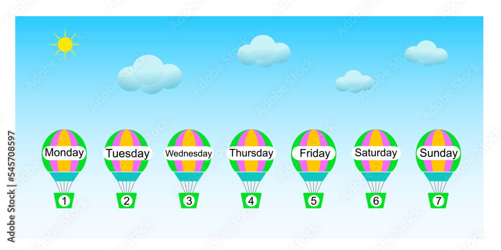 Educational material for kids. Learn days of the week. Cartoon hot air ...