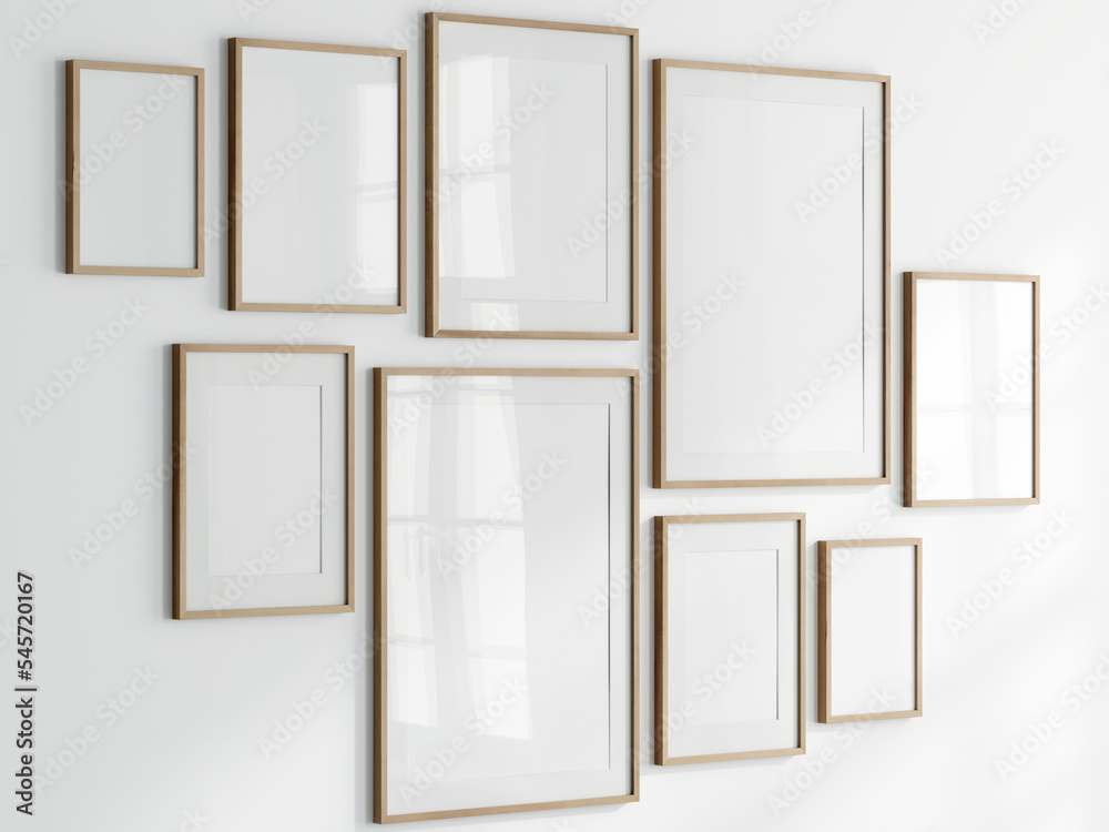 Gallery wall mockup, set of frames on the wall, 3d render Stock ...