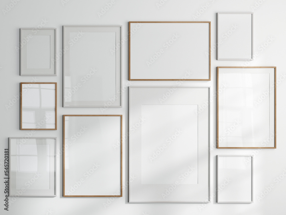 Gallery wall mockup, set of frames on the wall, 3d render Stock ...