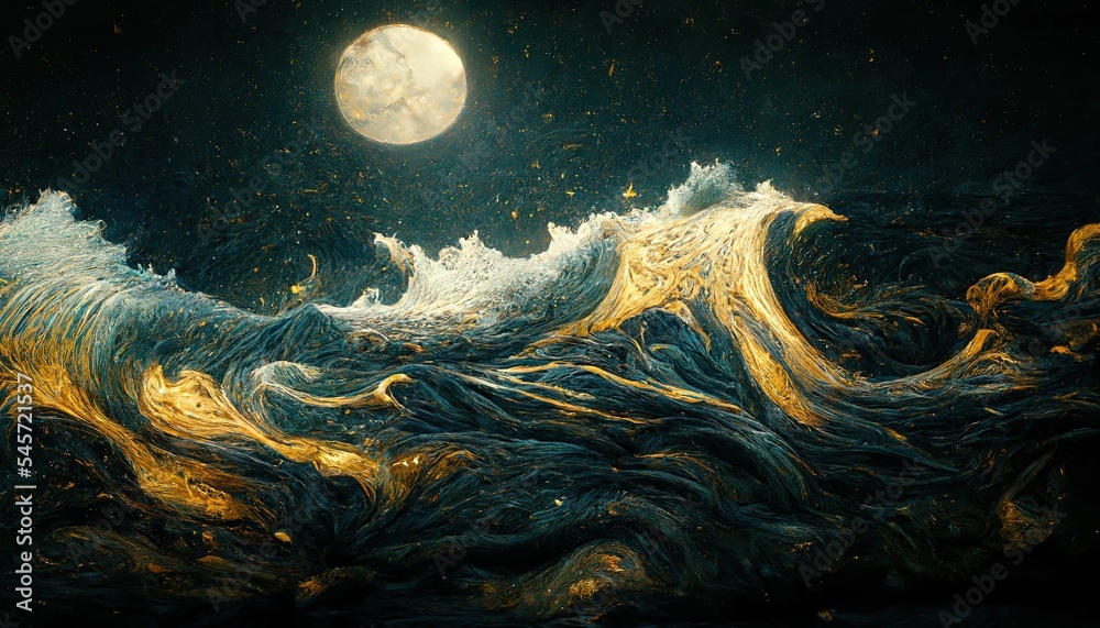 Sea dark night landscape. Moonlight reflected in the waves of the ocean ...