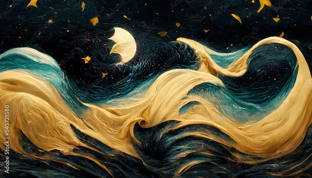 Sea dark night landscape. Moonlight reflected in the waves of the ocean ...