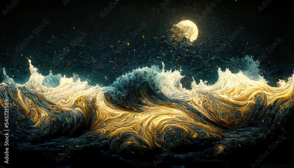 Sea dark night landscape. Moonlight reflected in the waves of the ocean ...