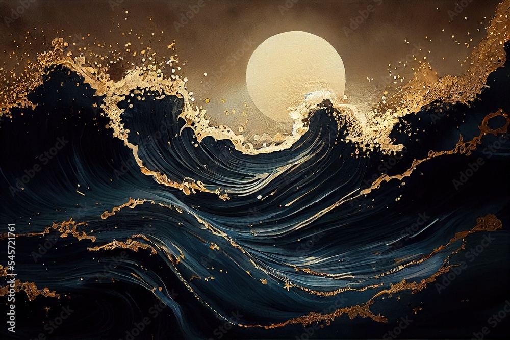 Sea dark night landscape. Moonlight reflected in the waves of the ocean ...