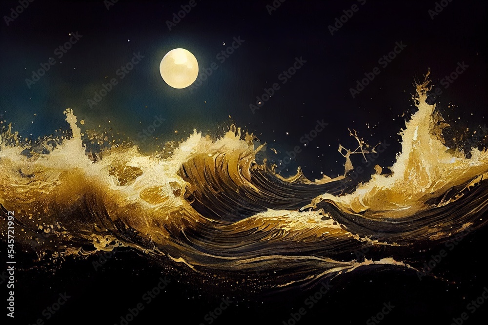 Sea dark night landscape. Moonlight reflected in the waves of the ocean ...