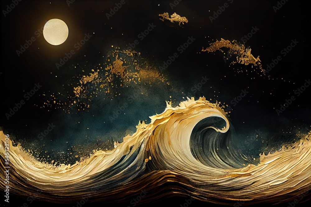Sea dark night landscape. Moonlight reflected in the waves of the ocean ...