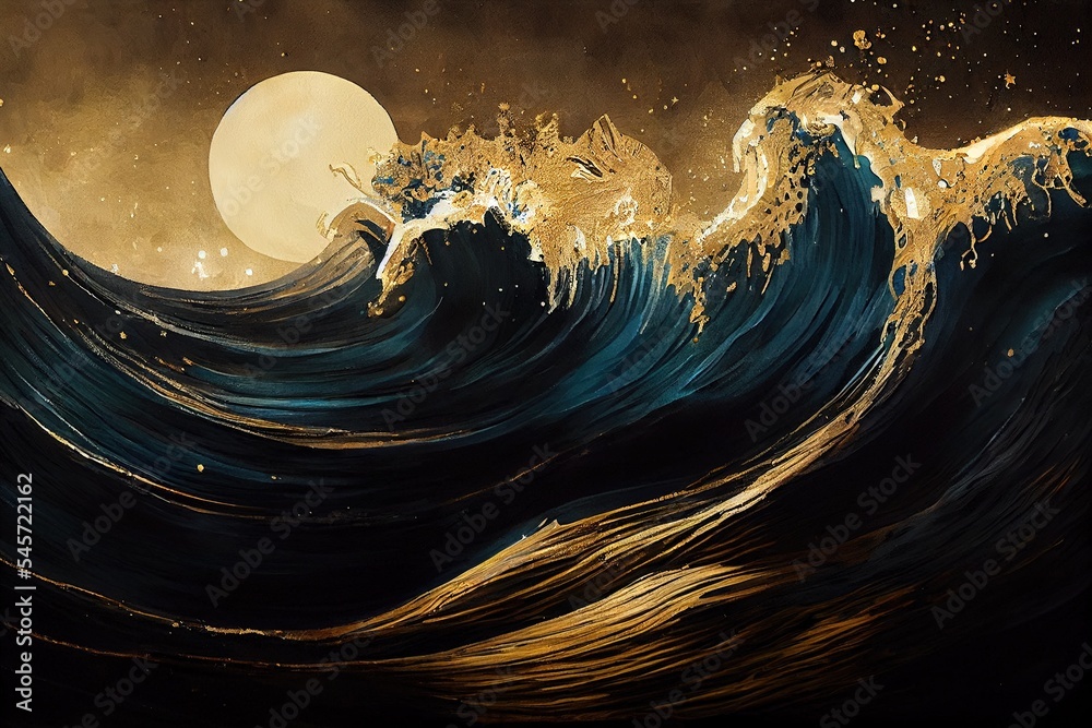 Sea dark night landscape. Moonlight reflected in the waves of the ocean ...