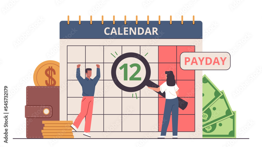 People in payday. Happy workers mark day in calendar, salary date ...
