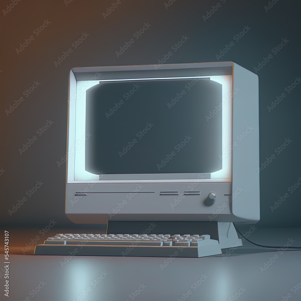Retro PC Mock Up with Glowing White Screen in Studio Light. 3D ...