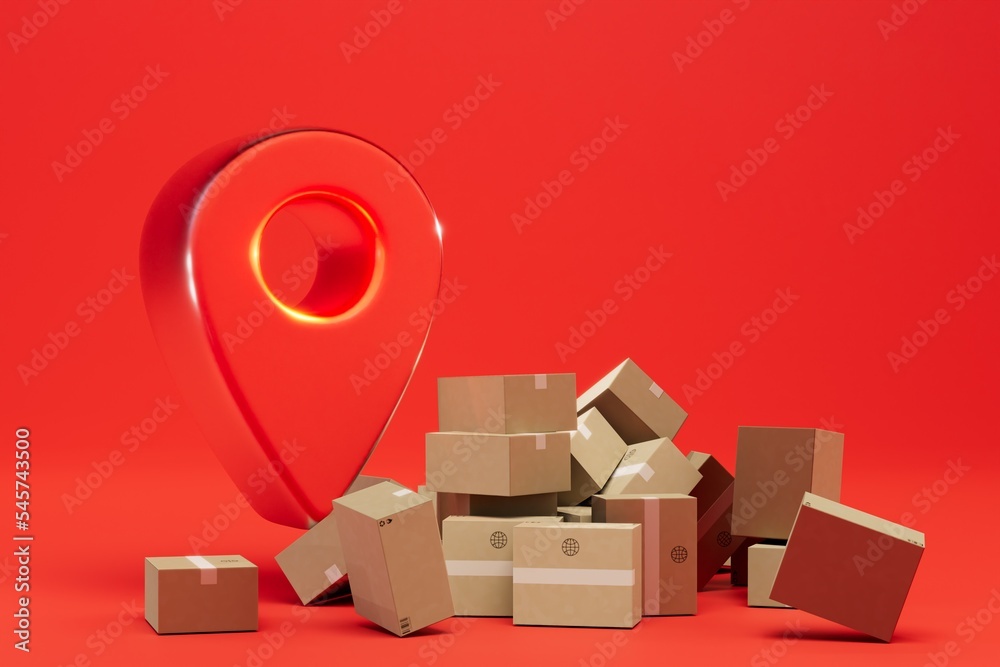 delivery of parcels to the points of the GPS. map pointer and boxes ...