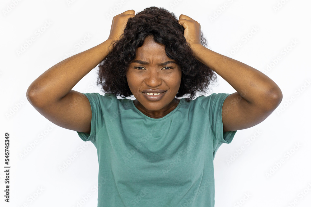 Distressed young woman having trouble. Portrait of troubled African ...