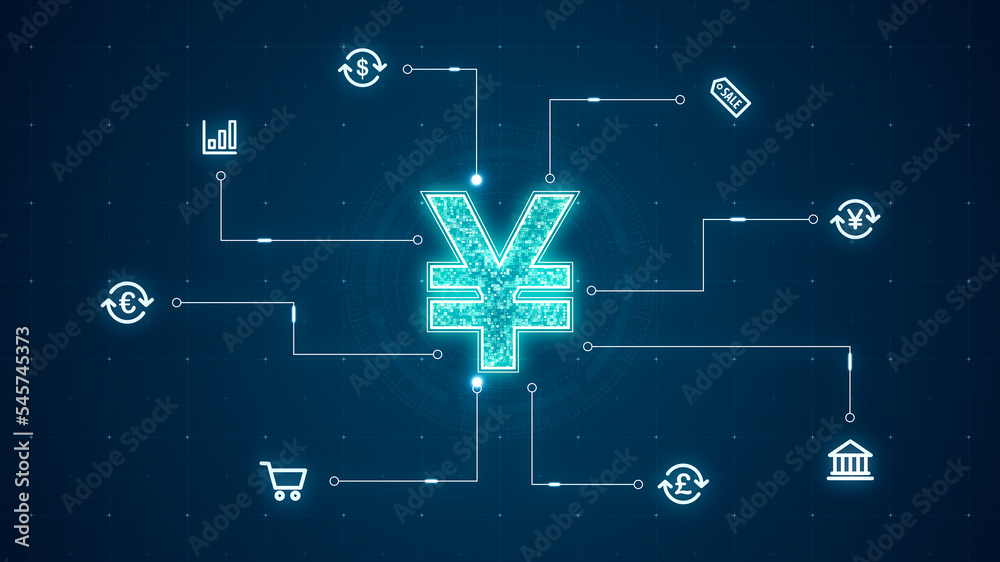 Blue digital money LOGO with line connection and data transfer to ...