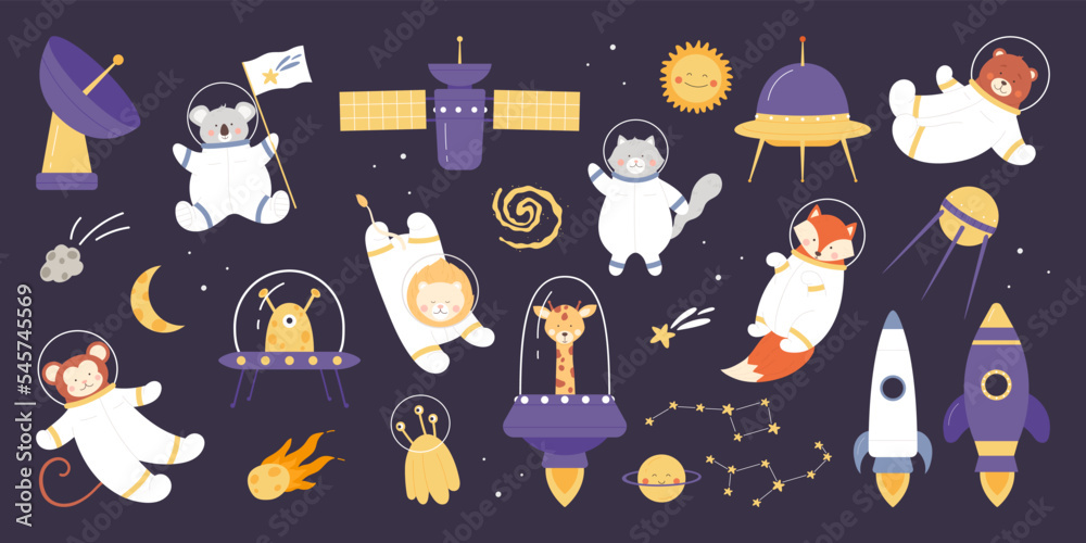 Cute astronaut animals in space travel set vector illustration. Cartoon ...