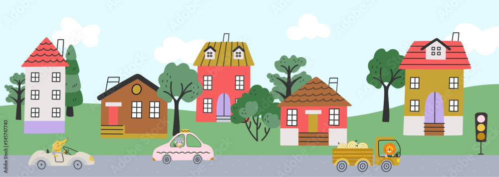 Cartoon animal drive cars and truck. Animals drivers ride on village ...