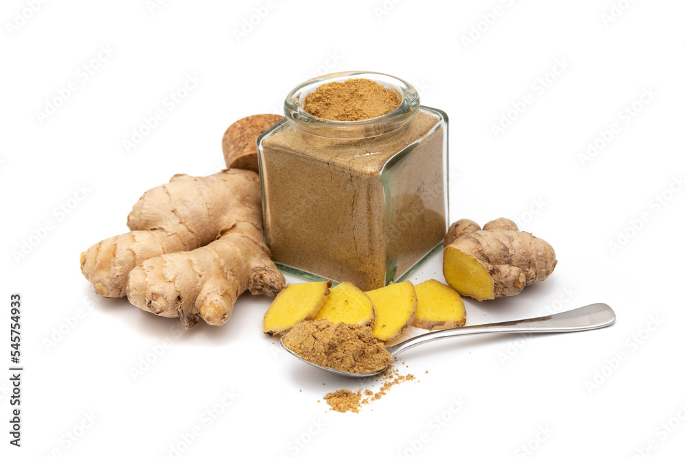 Ginger and a glass bowl with powdered ginger, isolated on white ...