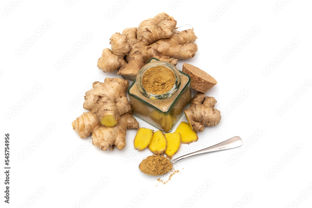 Ginger and a glass bowl with powdered ginger, isolated on white ...