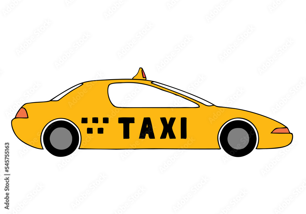 Yellow taxi with the inscription taxi on the car in doodle style. Hand ...