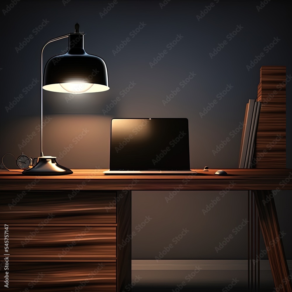 Modern dark wooden office desk at night under the warm light from table ...
