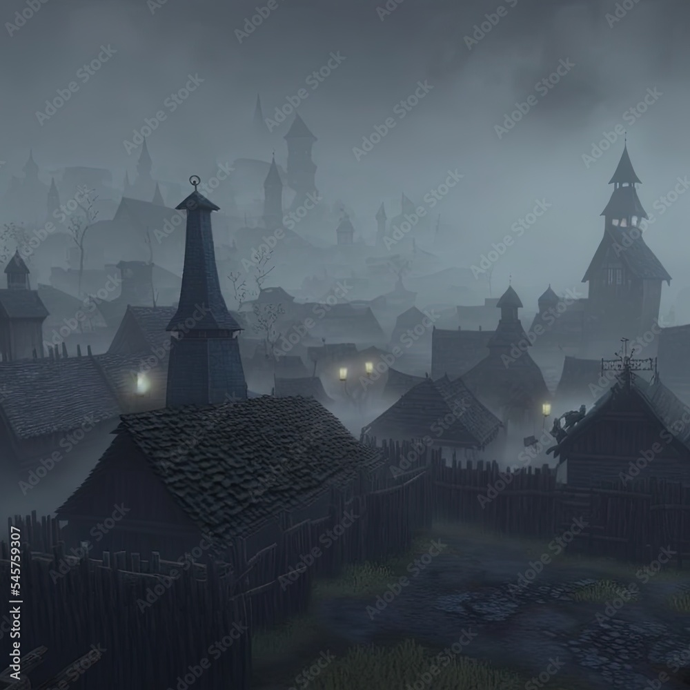 Hunted Village dark and foggy, dark village with heavy fog Halloween concept design, horror ...