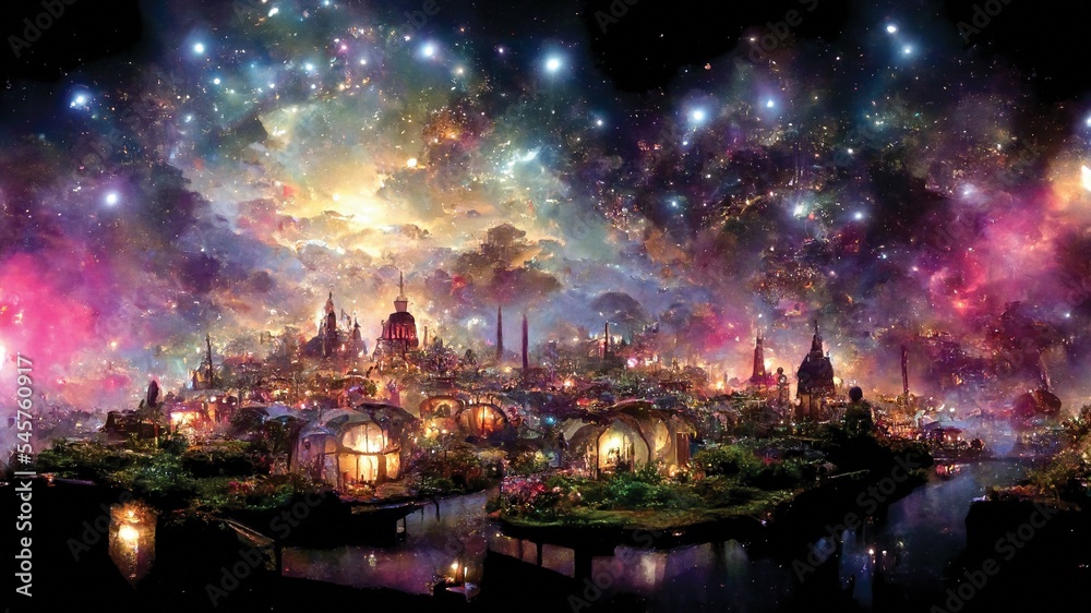 Fantasy night landscape, starry sky, illustration of the fairy city on ...