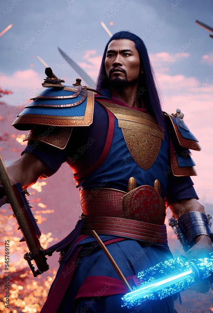 japanese fantasy samurai in a blue outfit holding amagical blue glwoing ...