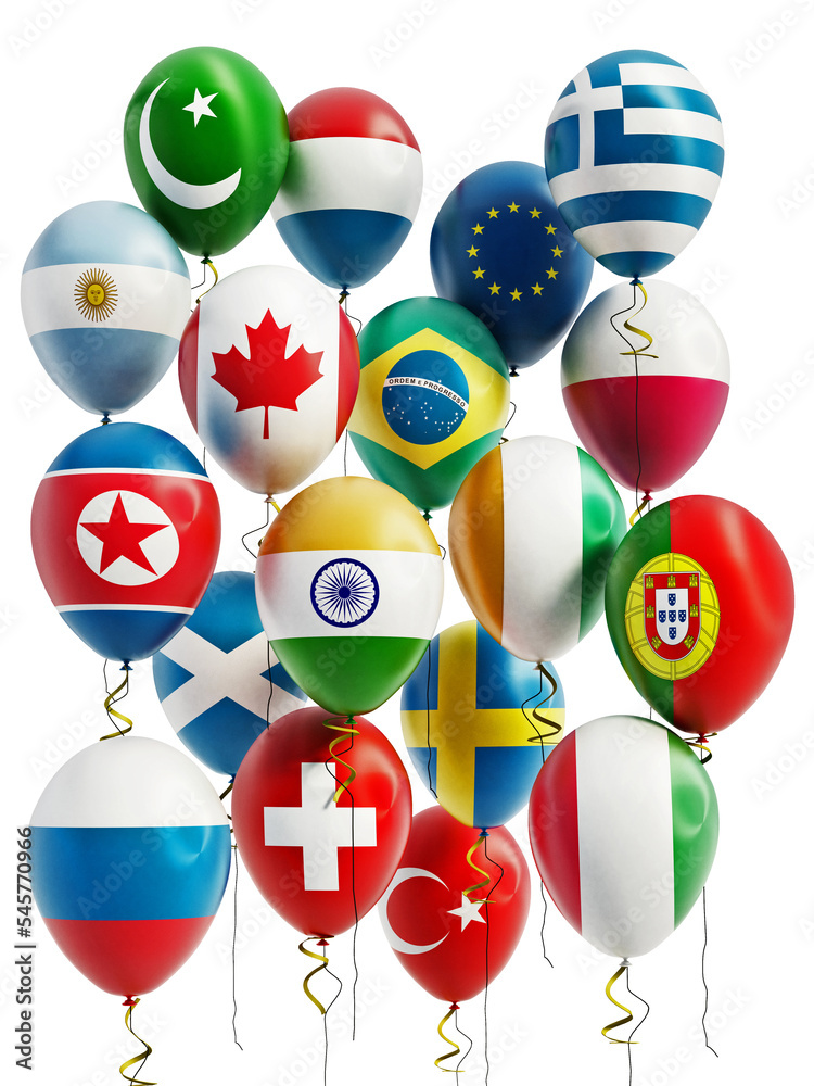 Flying balloons with flag textures on transparent background Stock ...