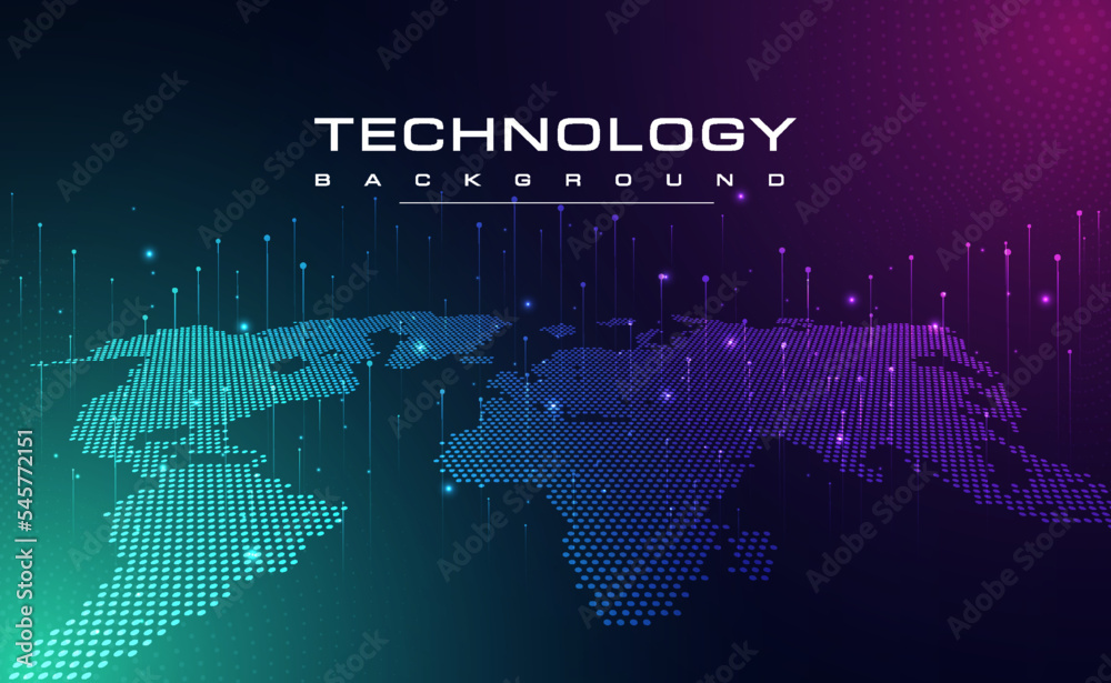 Digital technology blue green background, online cyber media world map ...