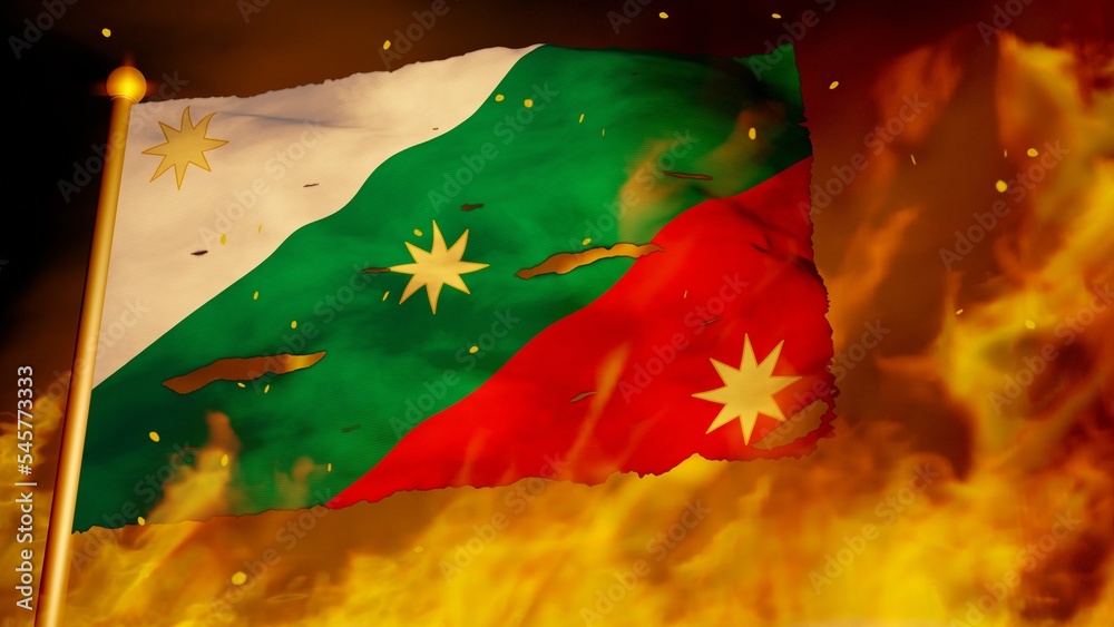 First flag of the Mexican Empire burning in war, crisis, forest fire ...